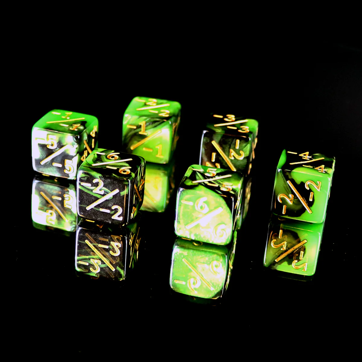 GREEN/BLACK NEGATIVE COUNTER DICE SET – Games and Stuff