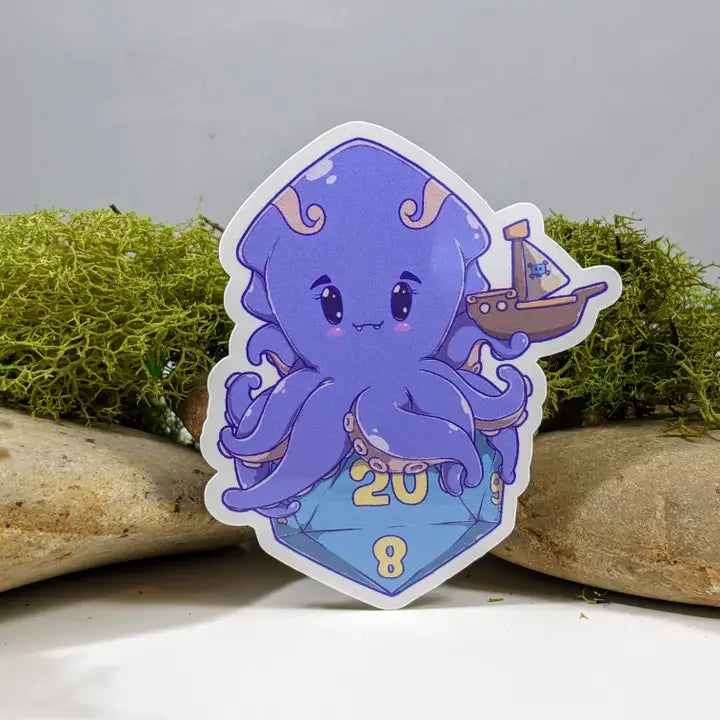 CHIBI KRAKEN ON D20 POLYHEDRAL DICE STICKER – Games and Stuff