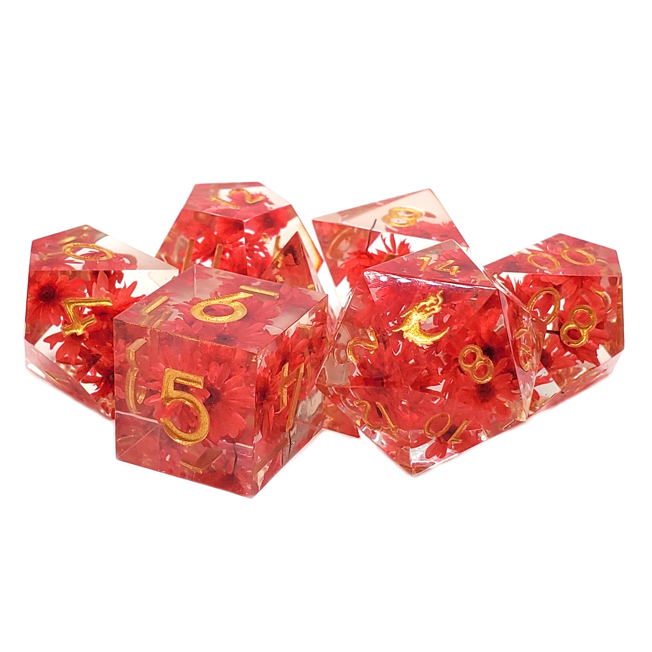 RED FLOWER: SHARP EDGED 7PC DICE SET – Games and Stuff